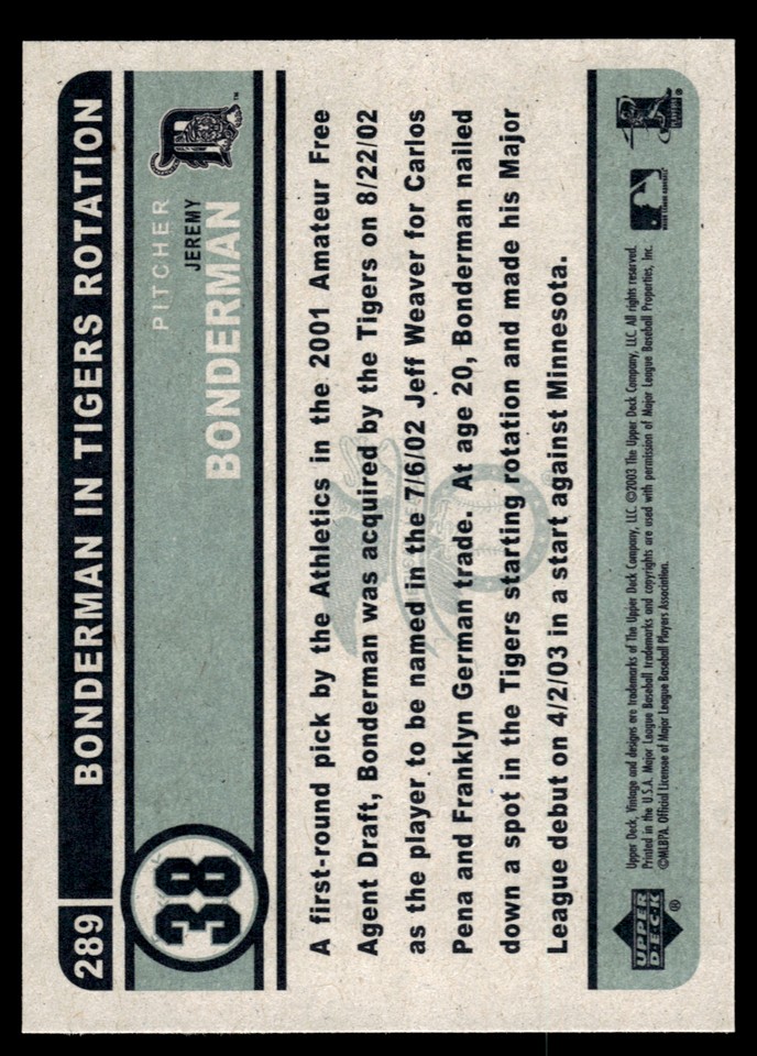 2003 Upper Deck Vintage #289 Jeremy Bonderman Rookie Detroit Tigers | eBay