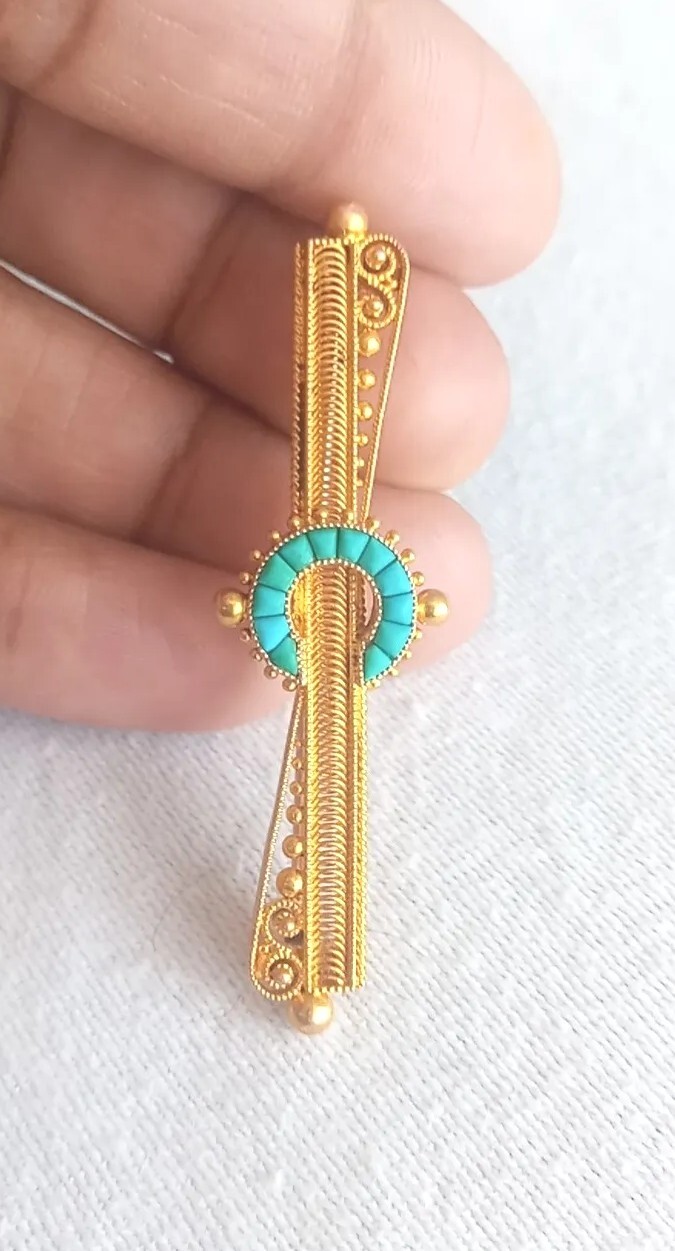 14kt Gold Italian Etruscan revival Persian Turquoise… - Gem