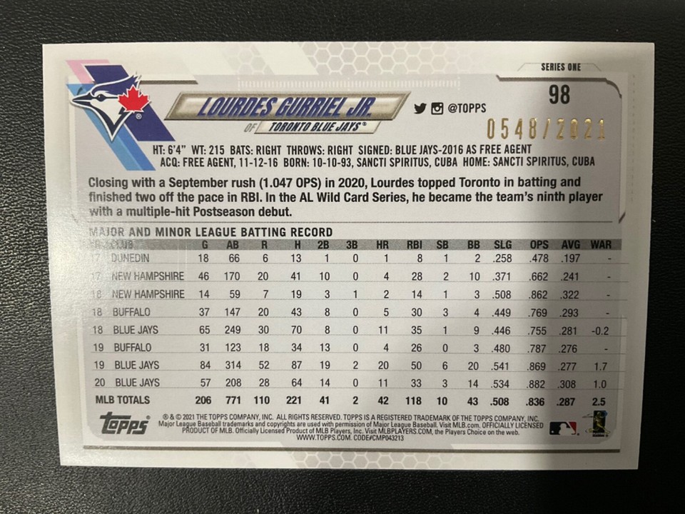Lourdes Gurriel Jr. 2021 Topps Series 1 Gold Border Parallel Serial ...