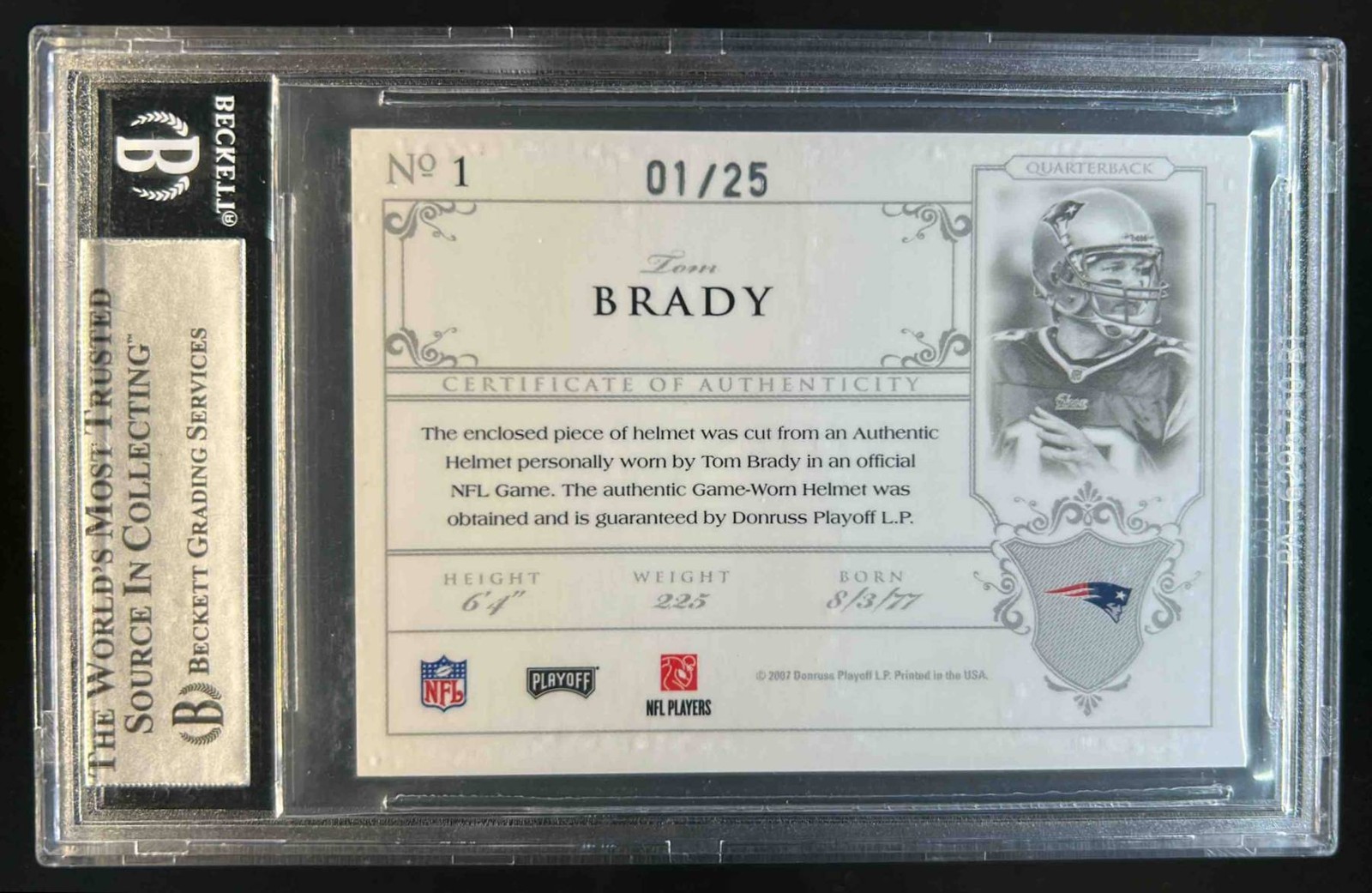 2007 Playoff National Treasures Tom Brady Material Face Mask #1/25 BGS ...