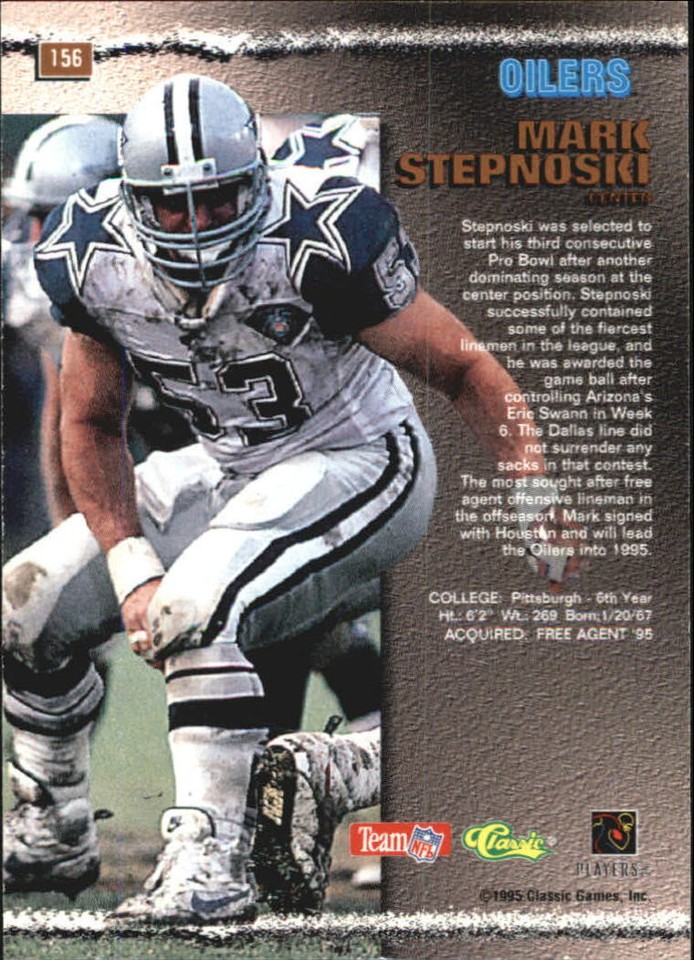 1995 Pro Line Silver Houston Oilers Football Card #156 Mark Stepnoski ...