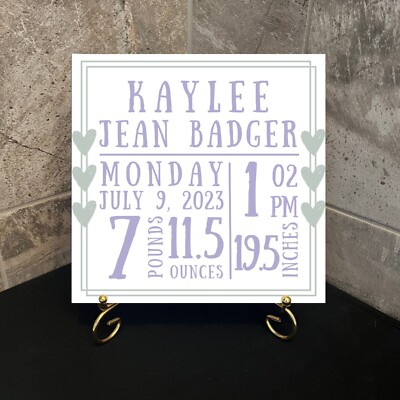 Baby Birth Stats Tile 8"x8" And Stand Personalized Tile Sage Green ...