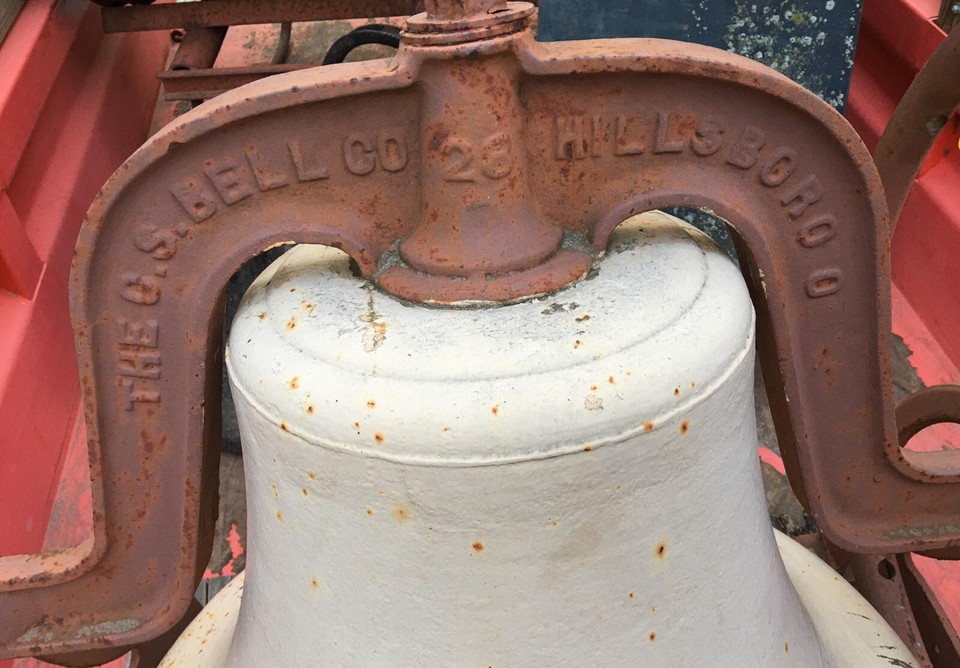 C.S. Bell Co Cast Iron Bell & Cradle Stand #28 church wheel pulley ...