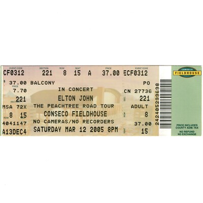 ELTON JOHN Concert Ticket Stub INDIANAPOLIS INDIANA 3/12/05 PEACHTREE ...