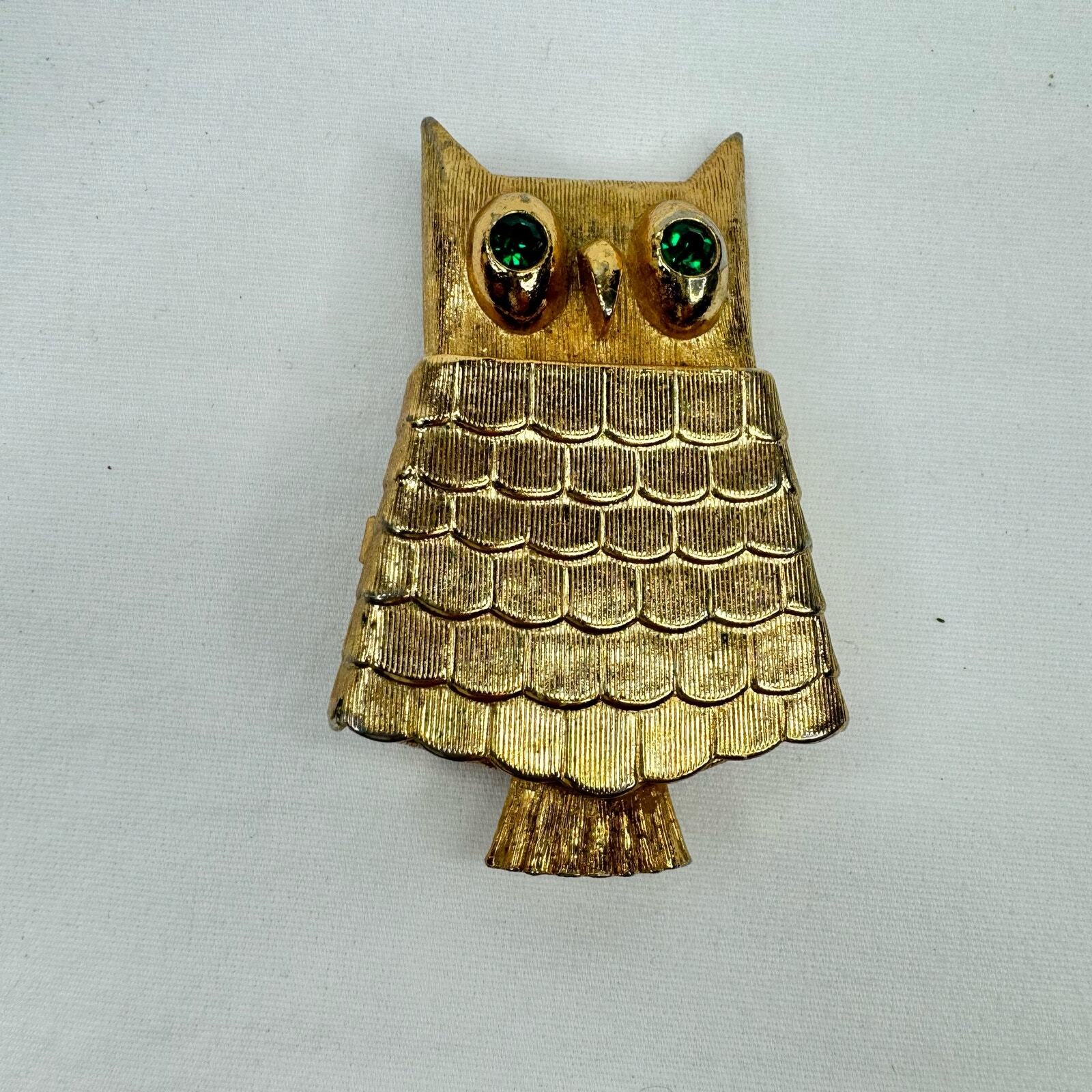Vintage Avon Owl Brooch Pin Gold Tone Green Eyes Soli… - Gem