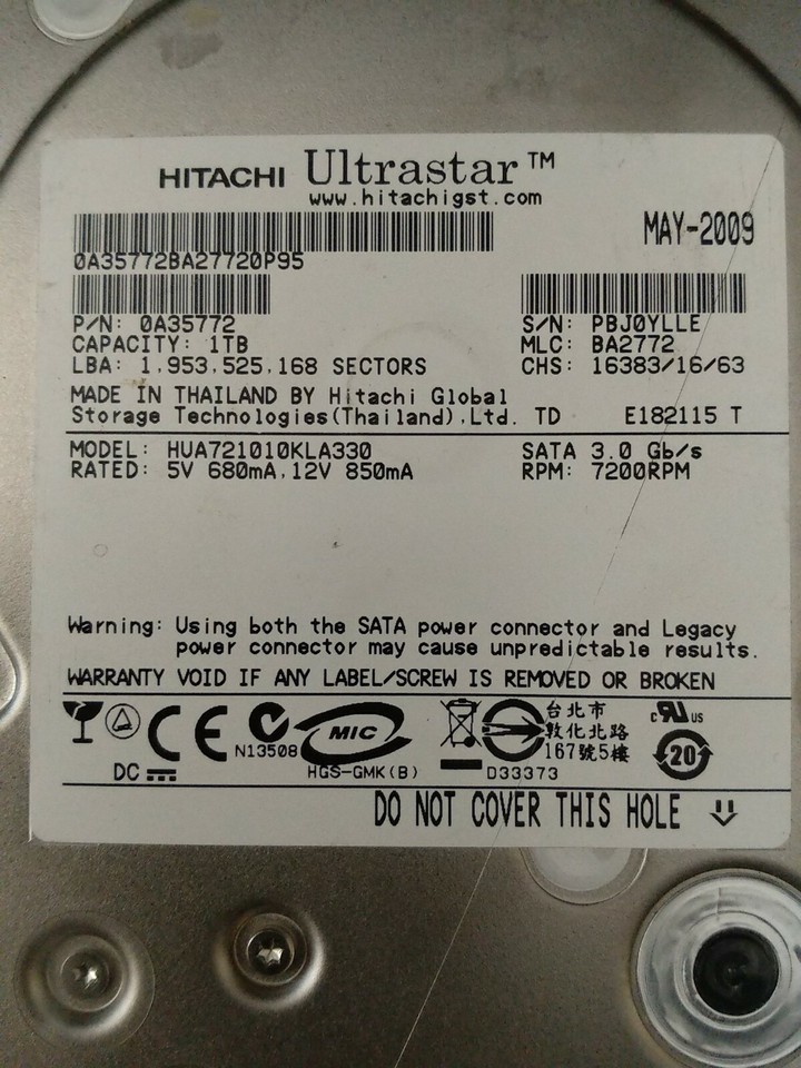 HUA721010KLA330, PN 0A35153, MLC BA2772, Hitachi 1TB SATA 3.5 Hard ...