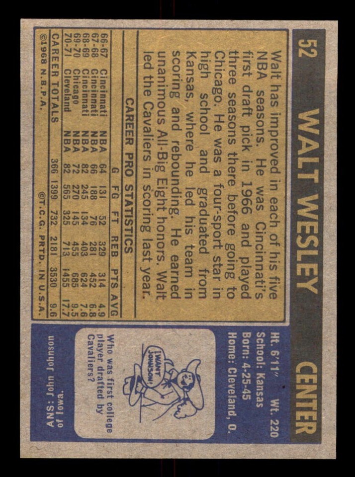 1971 Topps Basketball #52 Walt Wesley EX/MT *e3 | eBay