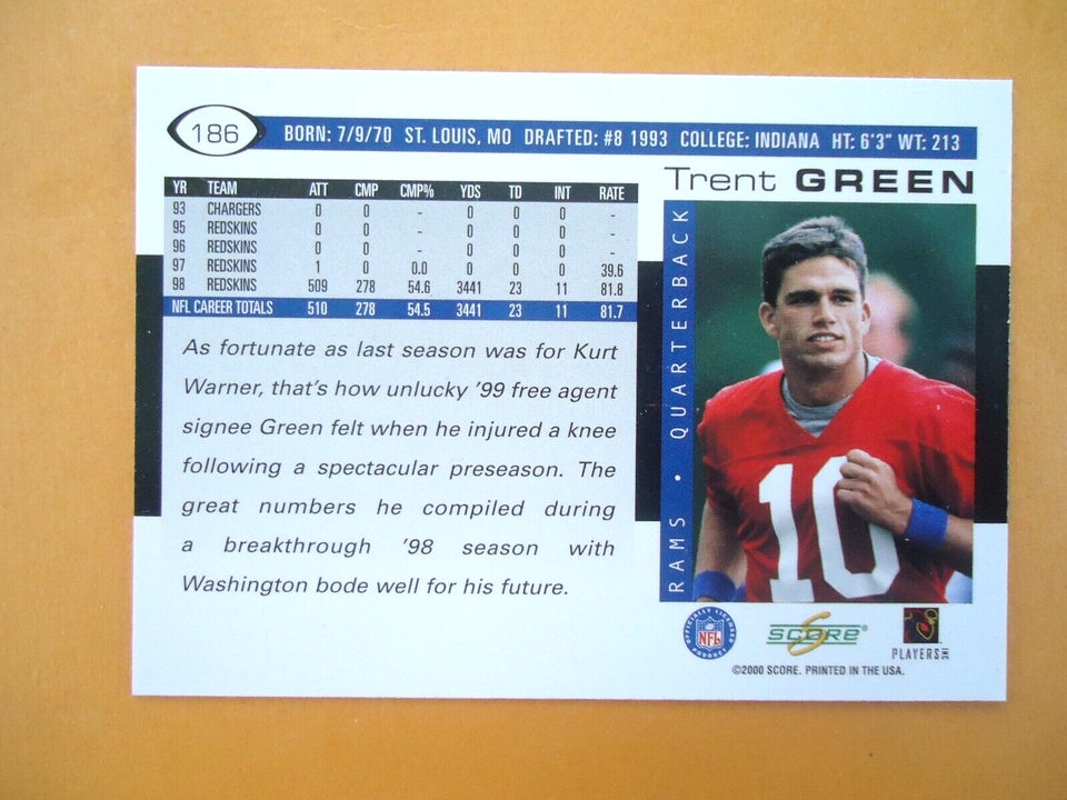 Trent Green - 2000 Score Autographed Football card #186 - Rams - QB | eBay