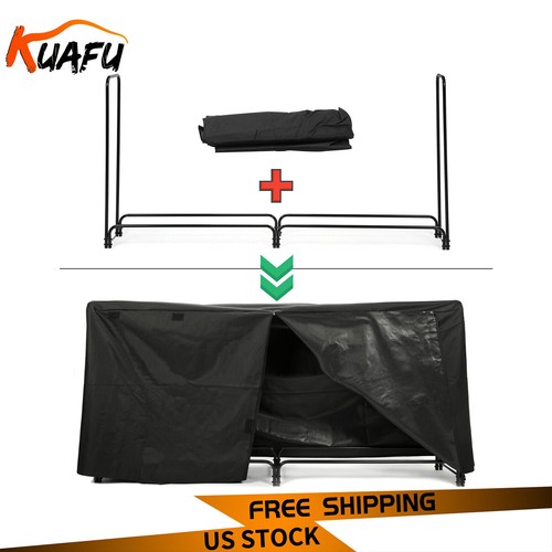 KUAFU 8ft Metal Firewood Log Rack with Waterproof Cover for Outdoor ...