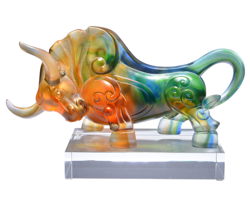 Chinese Liu Li Crystal Glass Bull Statue Feng Shui Ornament Gift Office ...