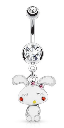 Clear Gem Belly Bar Ring White Bunny Rabbit Dangle 14g 10mm Steel Bar # ...