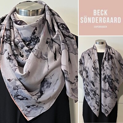 BECK SONDERGAARD Silk Crepe Grey,Pink,Black Ink print Scarf 104x104cm ...
