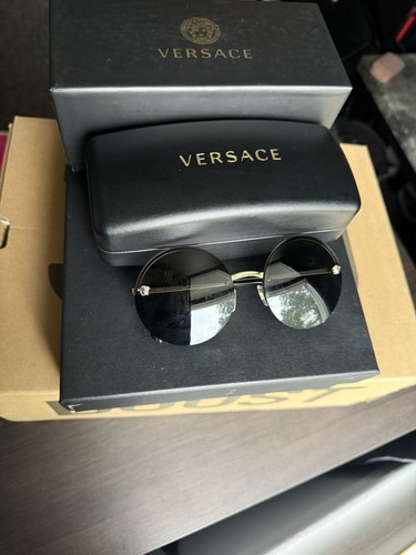 Versace Rounded, Rimless Sunglasses 59MM in Black with Gold Toned Metal ...