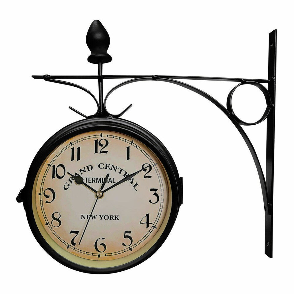 Double Sided Hanging Clock Iron Station Retro Bracket Mounted Battery ...
