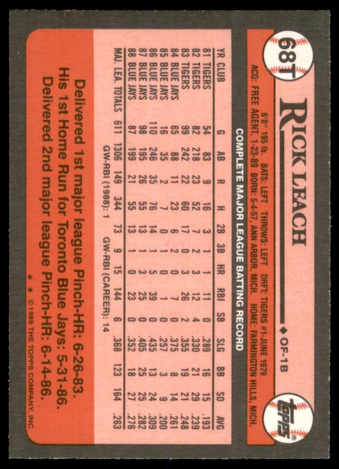 1989 TOPPS TRADED RICK LEACH TEXAS RANGERS #68T | eBay