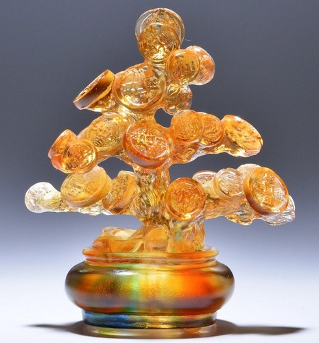 Chinese Liu Li Glass Crystal Coin Tree Statue Feng Shui Wealth Bonsai ...
