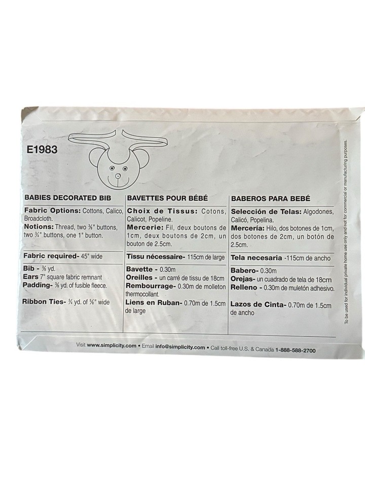 Simplicity E1983 Sewing Pattern Sew Simple Babies Decorated Bib Craft ...