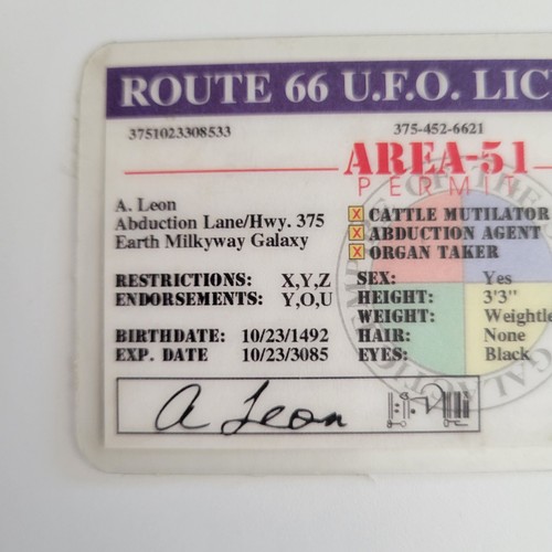 Fun Alien "A Leon" UFO Rt 66 Route 66 License Area-51 Permit Fake ID ...
