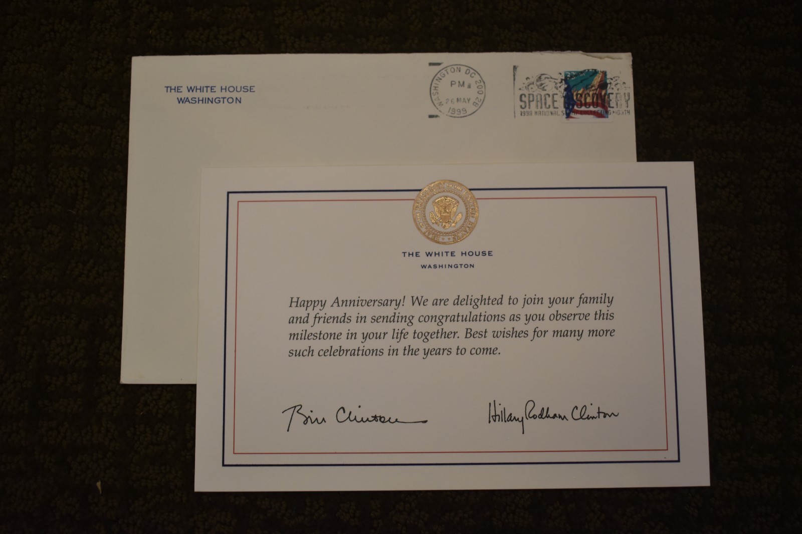 PRES. BILL & HILLARY CLINTON AUTOPEN SIGNED WHITE HOUSE EMBOSSED SEAL ...