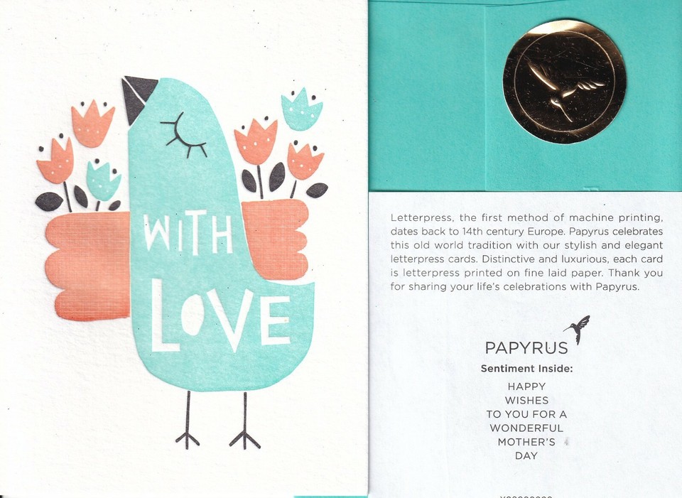 PAPYRUS MOTHERS DAY CARD NIP (MSRP $6.95) LETTERPRESS WITH LOVE CARD ...