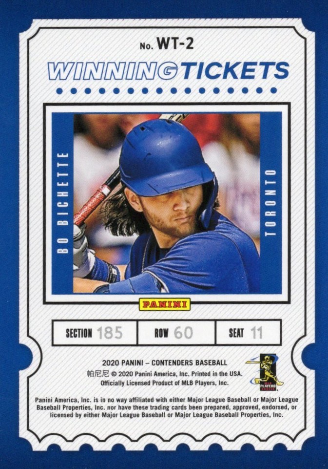 2020 Panini Contenders Winning Tickets #WT-2 Bo Bichette Toronto Blue ...