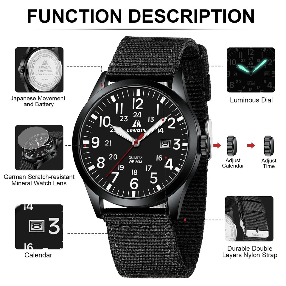 LN LENQIN Military Quartz Watch – Unisex, Luminous, Nylon Strap ...
