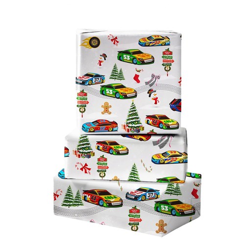 Race Car Christmas Wrapping Paper - Xmas Gift Wrap with Holiday Trees ...