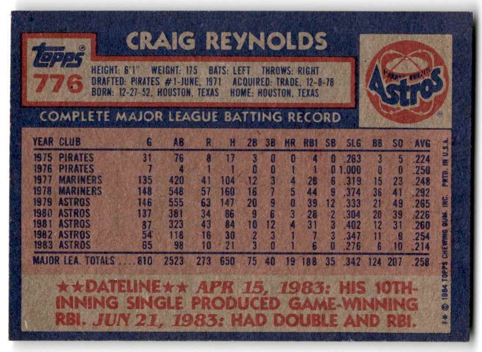 1984 Topps Craig Reynolds Houston Astros #776 | eBay