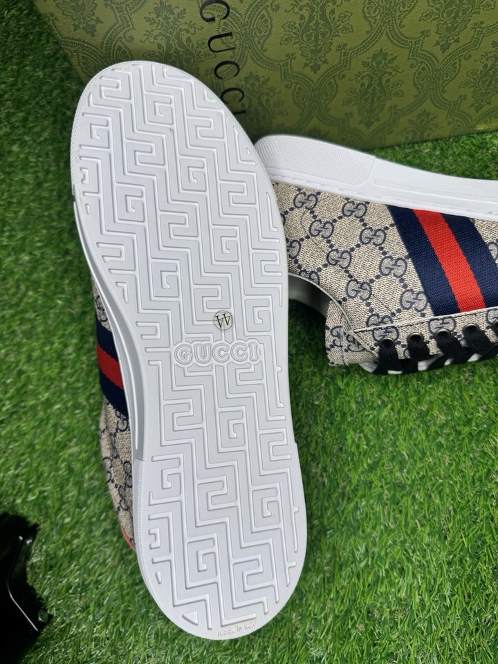 Beige Red Stripe Gucci Ace GG Supreme Logo Canvas Men's Sneakers ...