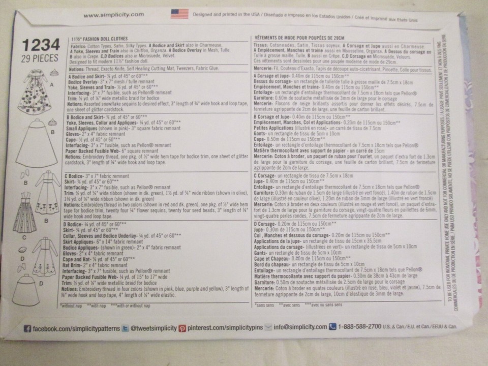 Simplicity 1234 Disney Frozen 11.5" Doll Clothes Pattern Anna Elsa ...