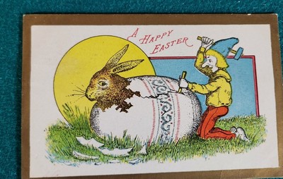 Easter Fantasy Gnomes Elves , Elf cracking Egg c1909 Rabbit Postcard ...