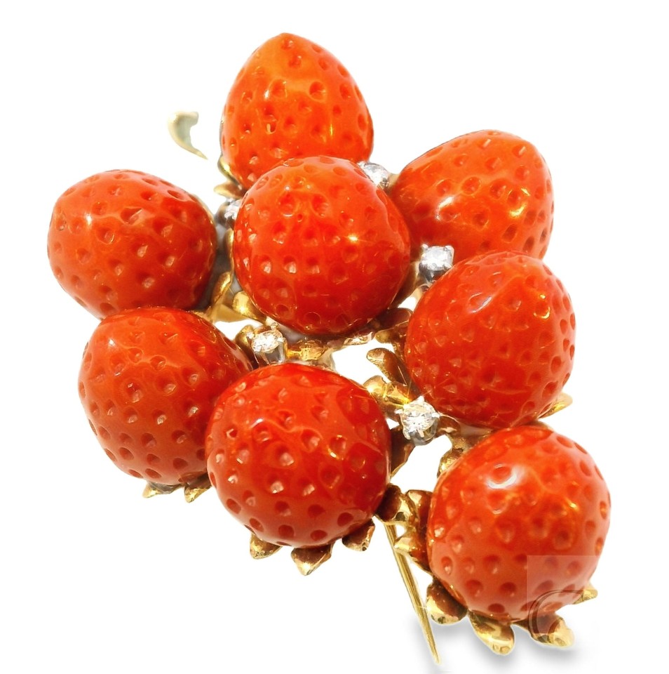 Rare 14K Gold Designer Carved Undyed Red Coral Strawberry Diamond ...