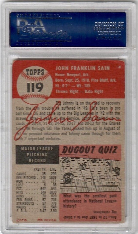 1953 Topps #119 John Sain N.Y. Yankees PSA/DNA Certified Authentic ...