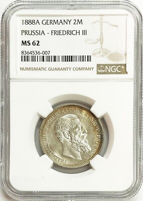 1888 A SILVER PRUSSIA GERMAN STATE 2 MARK FRIEDRICH III COIN NGC MINT ...