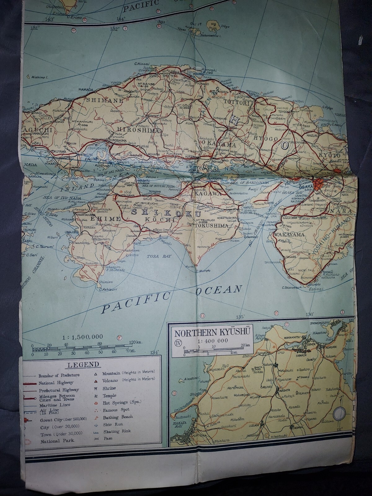 1952 MAIN ROAD MAP OF JAPAN BY NIHON CHIZU CO., LTD 30" TALL, 42 1/2 ...