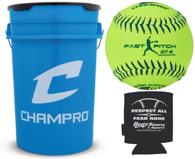 CHAMPRO CSB44 Durahide Cover 12" USSSA Game Softballs in Blue Bucket 18 ...
