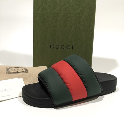 GUCCI PADDED WEB SLIDE SANDALS -GREEN / RED PUFFER NYLON -WOMEN’S US 9 ...