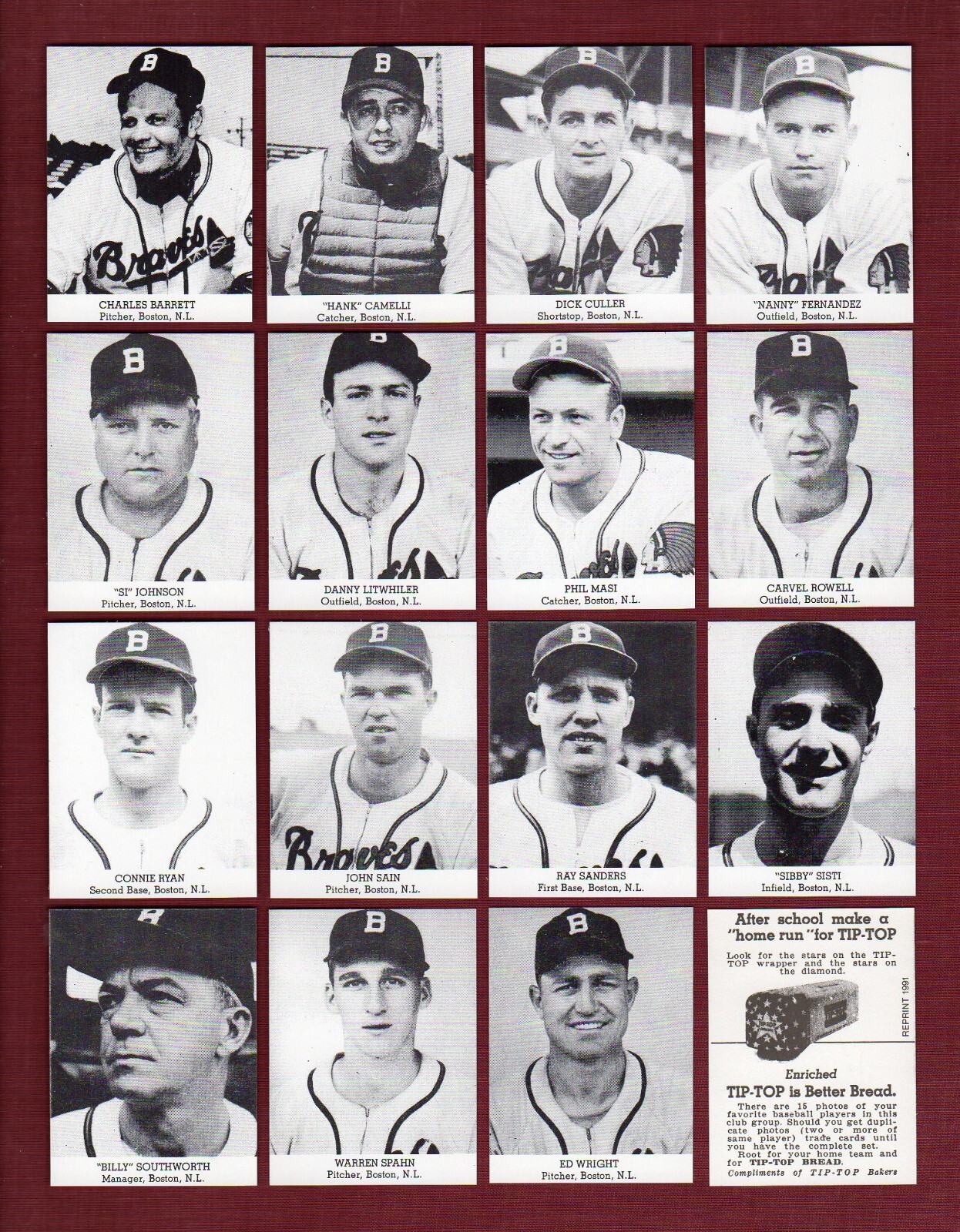 1947 Tip-Top Bread: BOSTON BRAVES Team REPRINT set D323 ~ ALL 15 cards ...