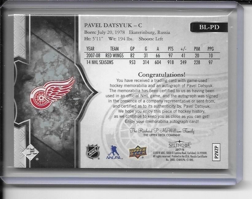 2017-18 UD Splendor Pavel Datsyuk Relic VelcroPiece Auto Autograph Card ...