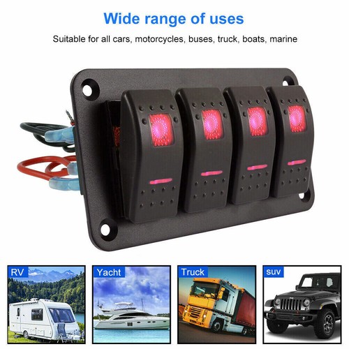 4 Gang Rocker Switch Panel Red LED Waterproof Breakers Car Marine Boat ...