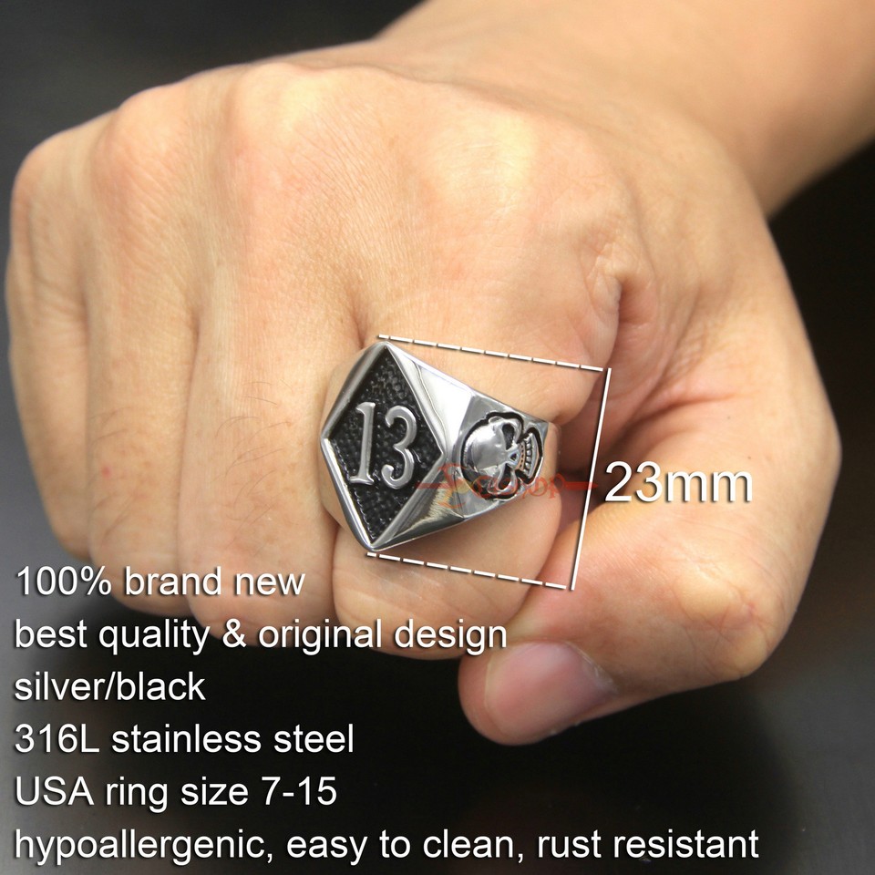 Number 13 Stainless Steel Skull Men Biker Ring Gothic Punk For Lucky ...