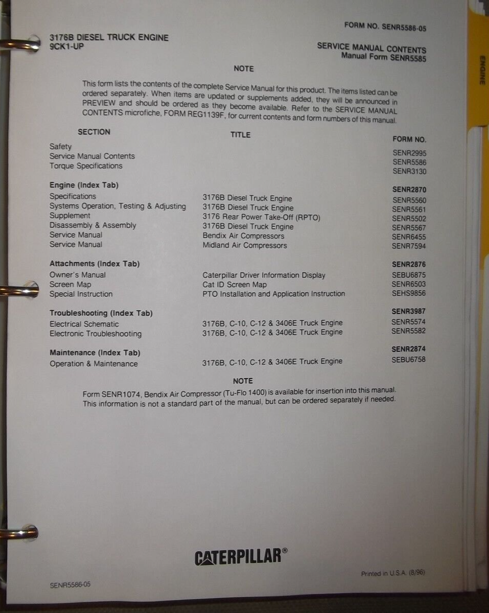 CAT CATERPILLAR 3176B DIESEL TRUCK ENGINE SERVICE SHOP REPAIR MANUAL ...