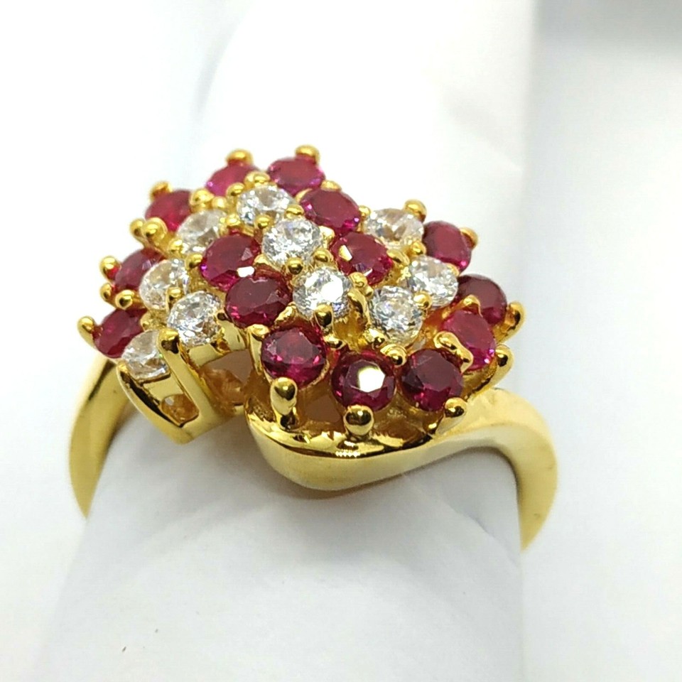 1/2Ct Simulated Ruby & CZ Yellow Gold Plated Silver Cluster Engagement ...
