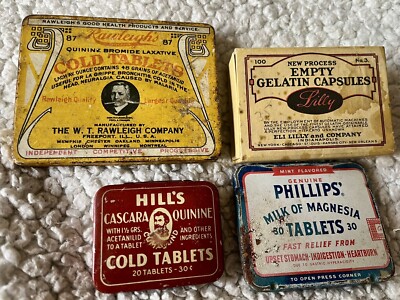 4 Vintage Medical Tins Rawleigh's Hill’s Cold Tablets, Phillips, Tins ...