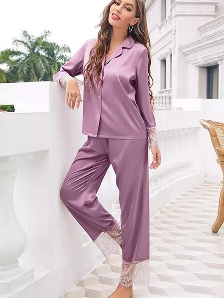 Pyjama Femme Ensemble Set Pantalon Jersey Chemisier Satin Rose Violet D046 | eBay