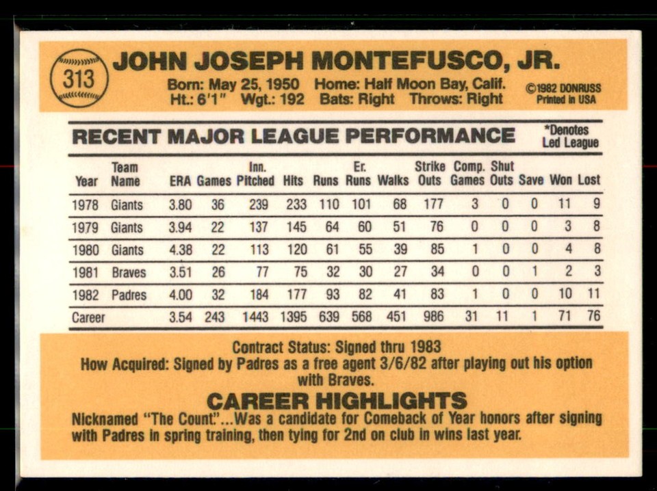 1983 Donruss John Montefusco #313 San Diego Padres | eBay