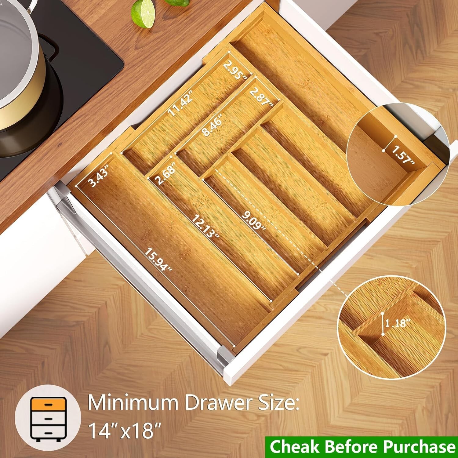 Expandable Drawer Organiser Adjustable Natural Bamboo Cutlery Tray for ...