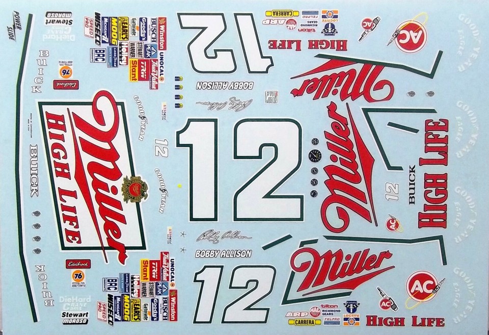 NASCAR DECAL #12 MILLER HIGH LIFE 1988 BUICK REGAL BOBBY ALLISON - 1/24 ...