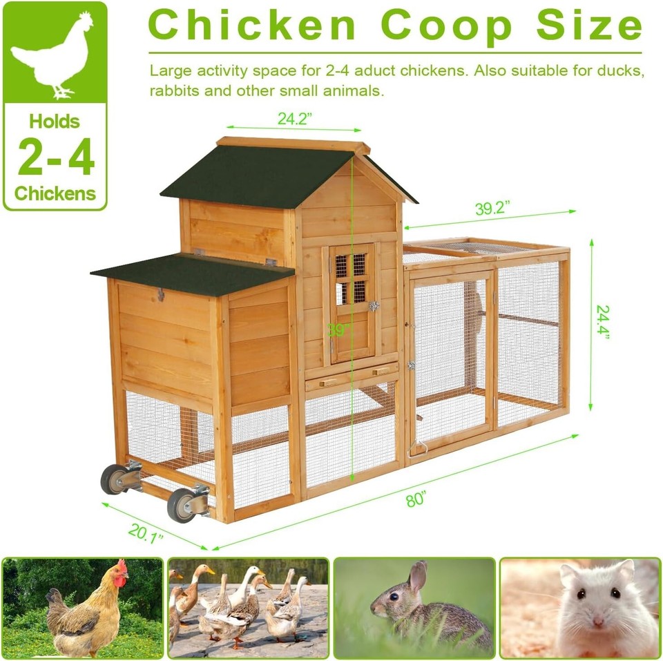 Ecolinear 80'' Mobile Chicken coop with Wheels & Nest Box Hen House ...