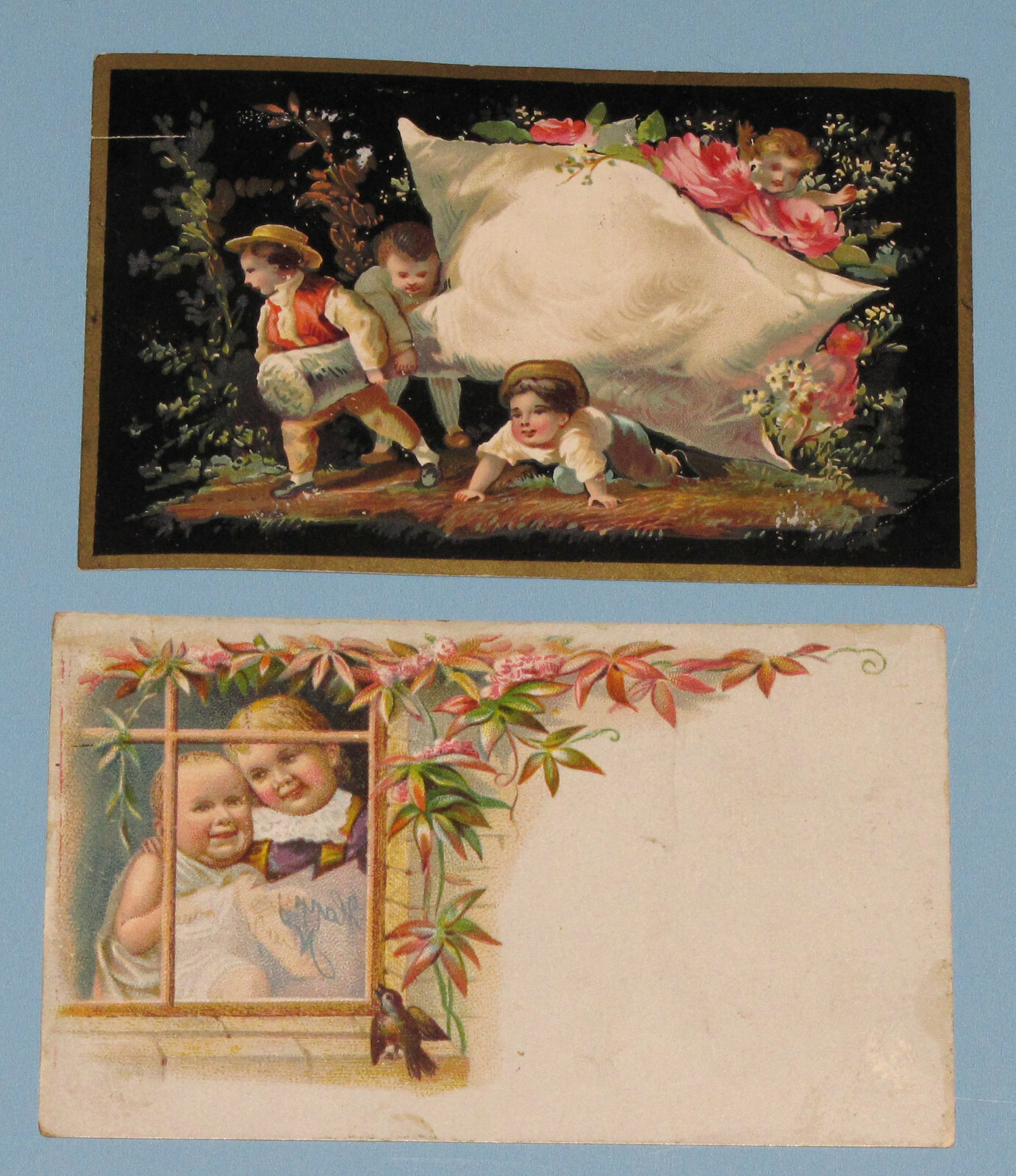 VTG VICTORIAN TRADE CARDS LOT of 2 CHILDREN N WINDOW KIDS PLAYING NO ...